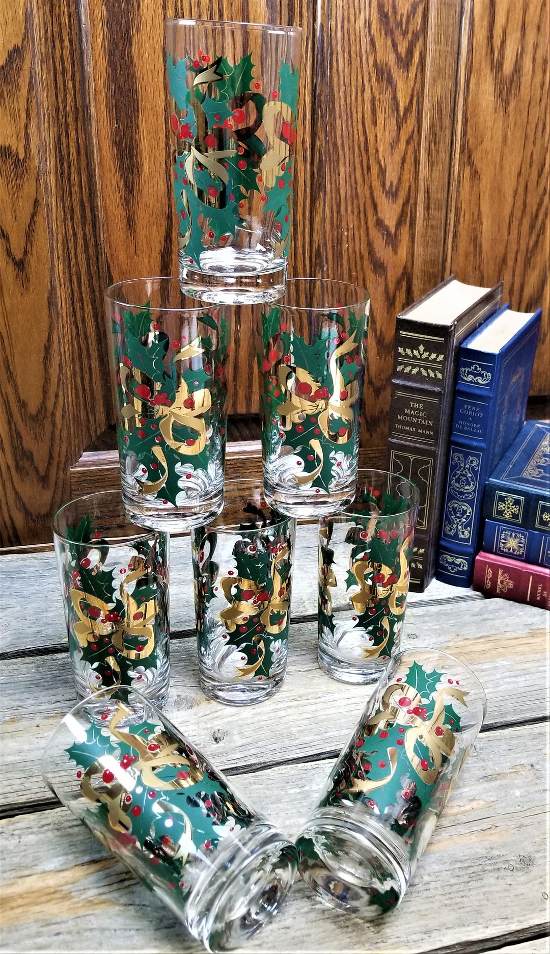 Holly and Berry Gold Ribbon Christmas Highball Ice Tea - Etsy