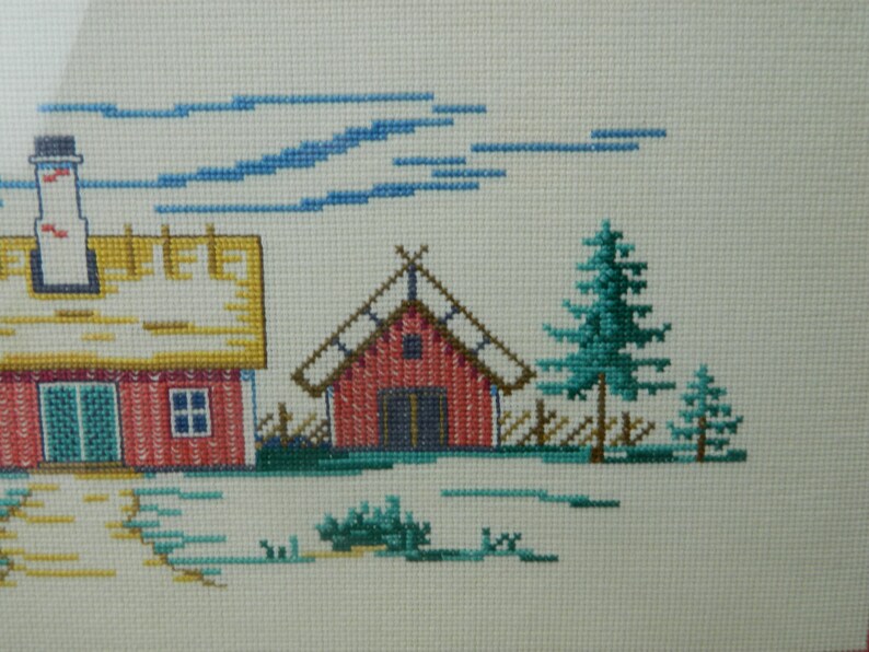 Vintage Cross Stitch Barn Scene in Wood Frame Barn Out | Etsy