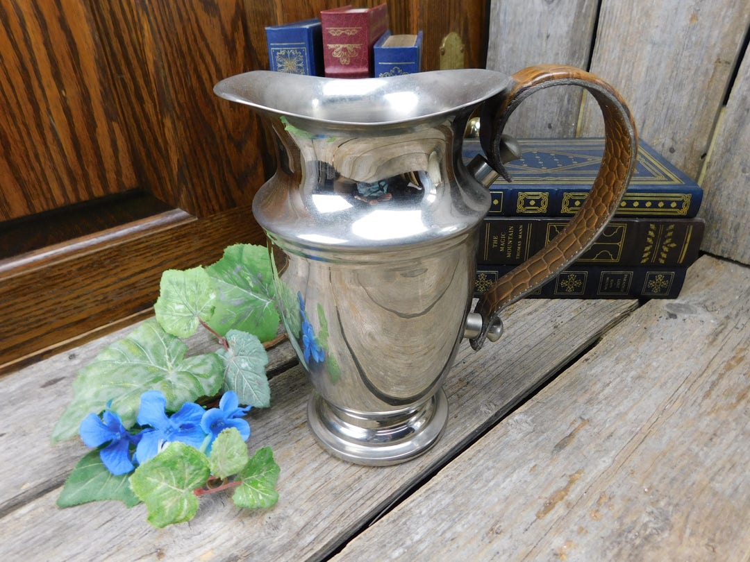 Vintage Chromed Metal Pitcher With Leatherette Handle - Etsy