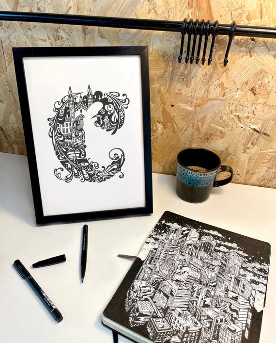 Alphabet Wall Art Hand Drawn Type Typography Illustration Print Glasgow ...
