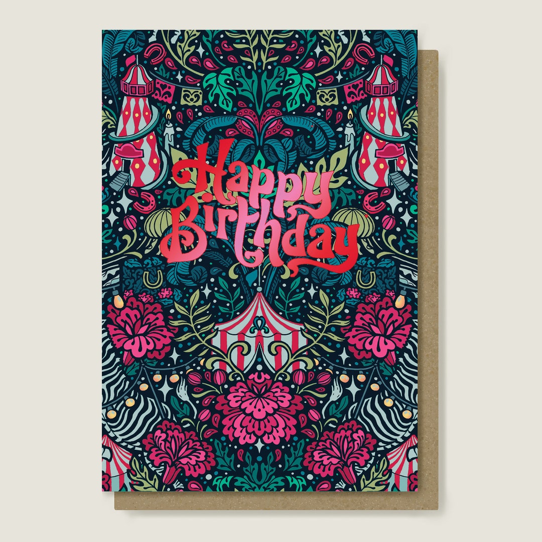Carnival Birthday Card. Red Foiled, Floral Fairground Circus, Festival ...