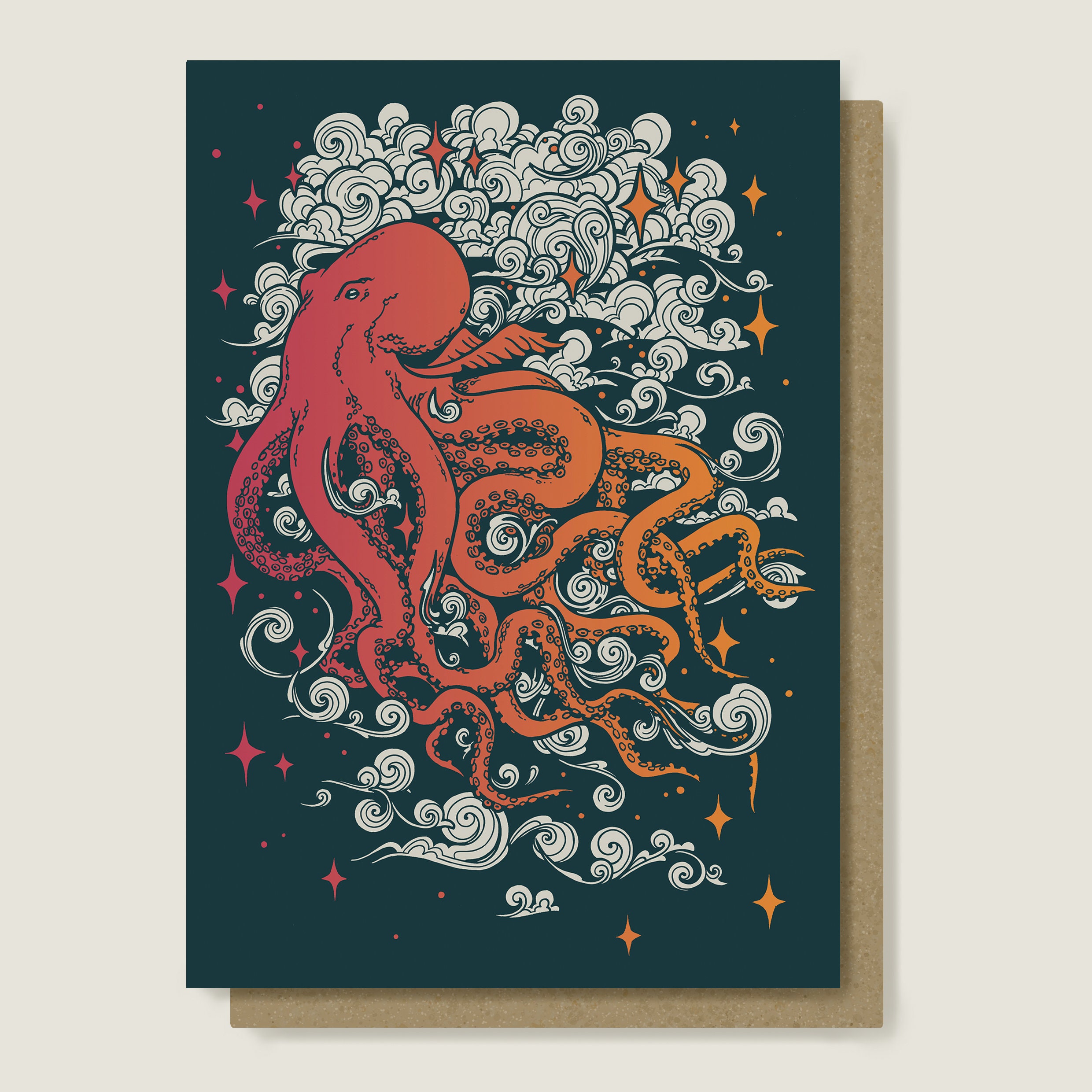 Illustrated Flying Octopus Greeting Card. Vibrant Pink and Orange ...