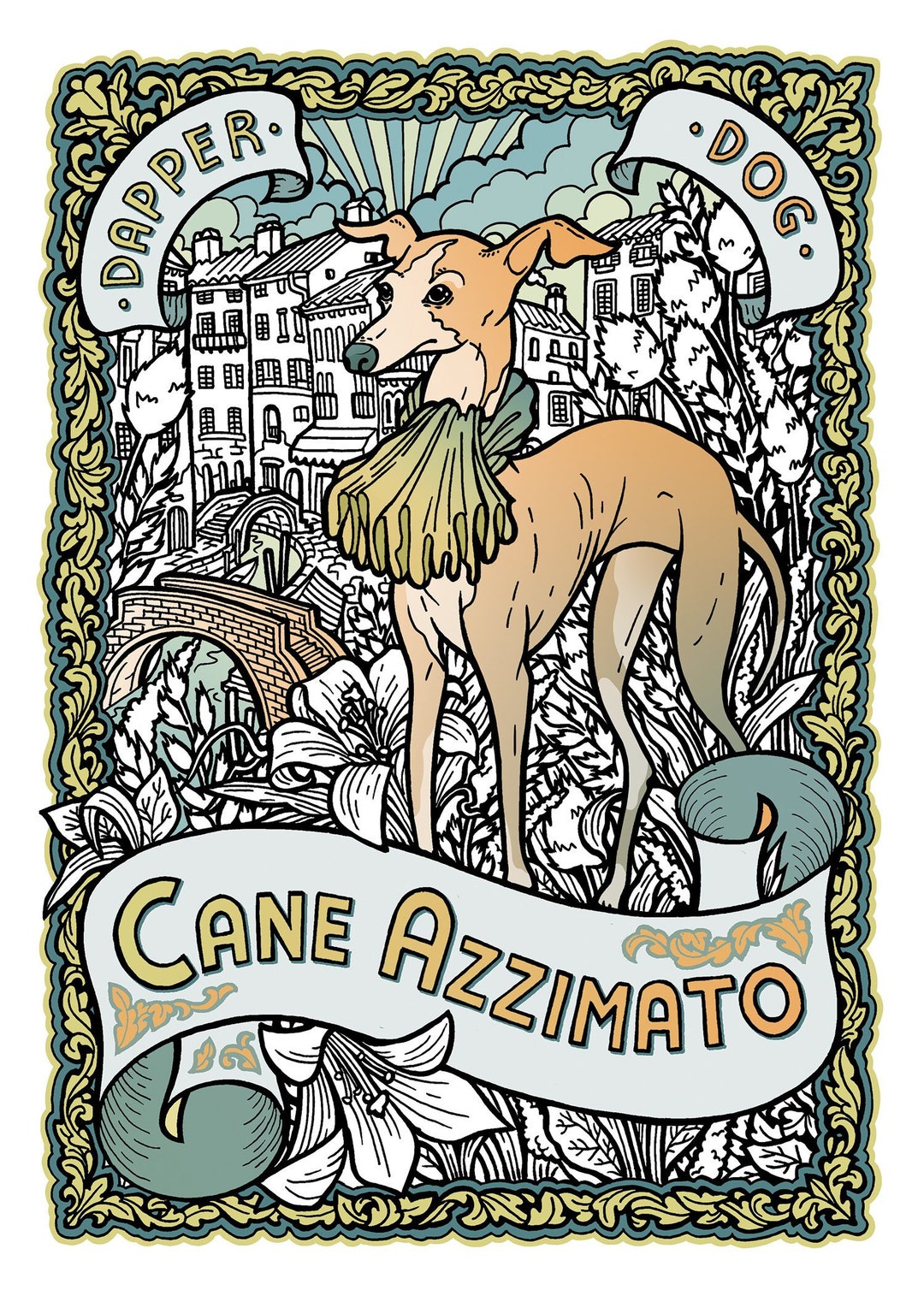 Dapper Italian Greyhound Print. A4 Blue and Green 'cane Azzimato' Dog ...