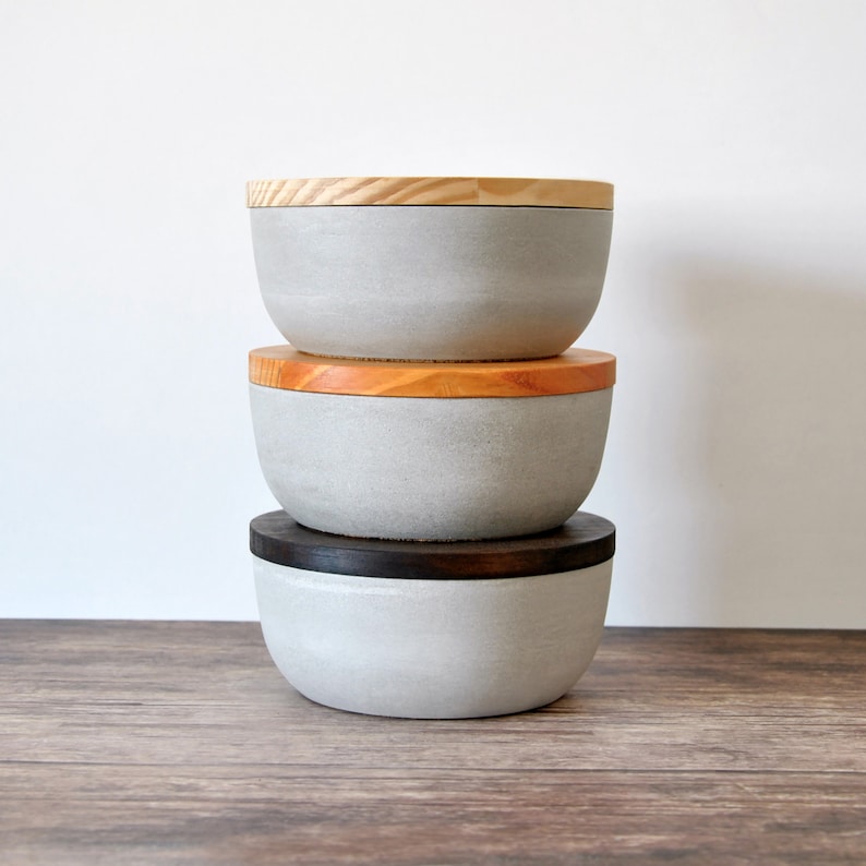 Concrete Storage Bowl With Wood Lid Trinket Box Minimalist - Etsy