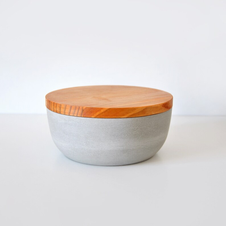 Concrete Storage Bowl With Wood Lid Trinket Box Minimalist - Etsy