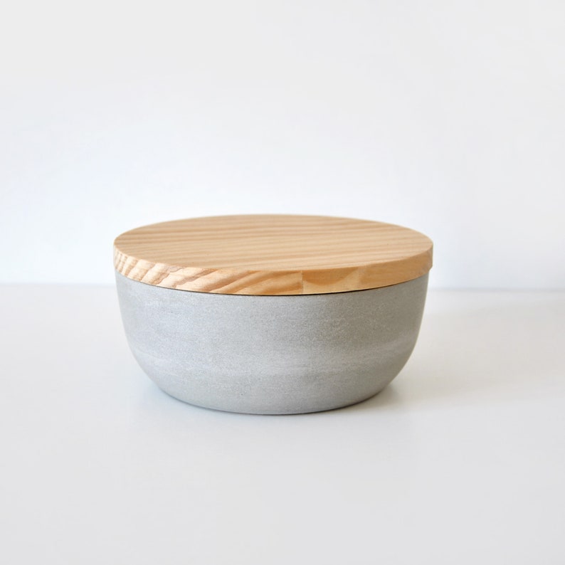 Concrete Storage Bowl With Wood Lid Trinket Box Minimalist - Etsy
