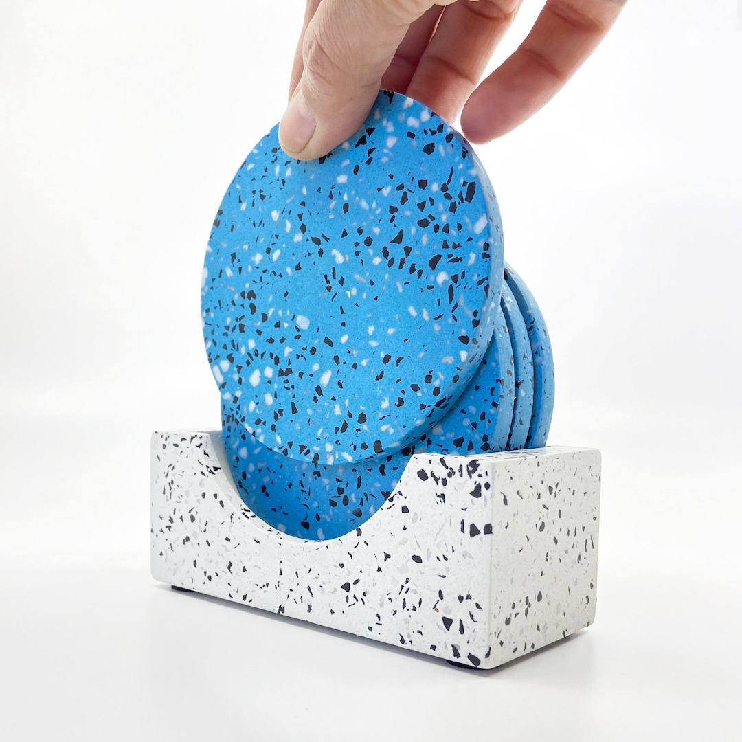 Set of 4 Natural Blue Terrazzo Coasters for Drinks With Holder Stand ...