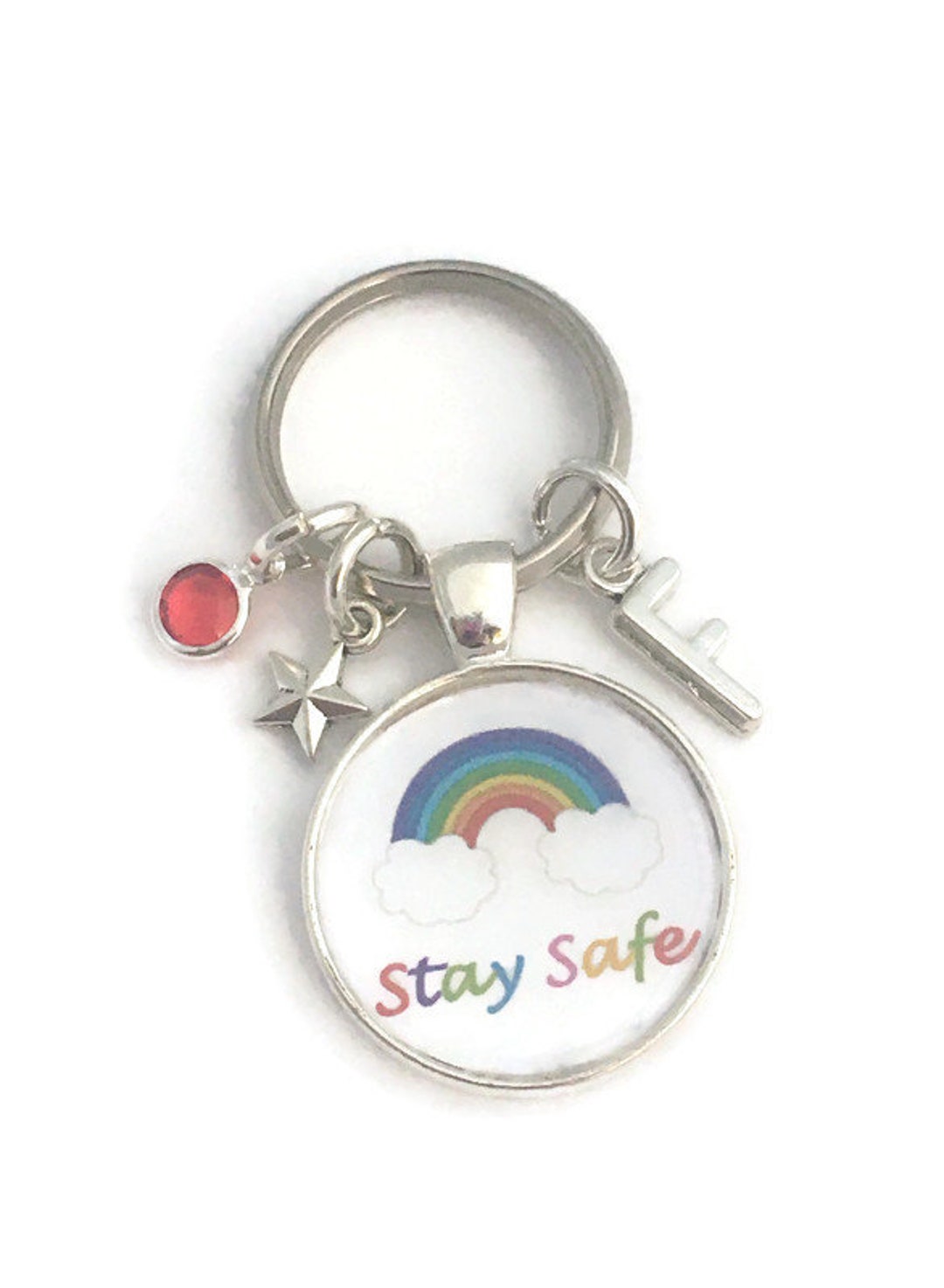 Rainbow Keychain, Stay Safe Key Ring, Personalised Keyring, Birthstone ...