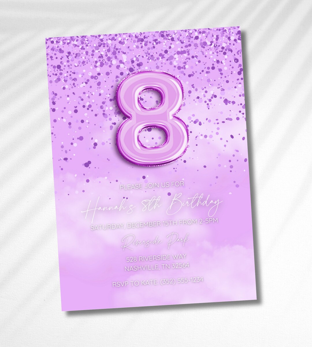 Purple 8th Birthday Editable Invitation Glitter Birthday Party Invite ...