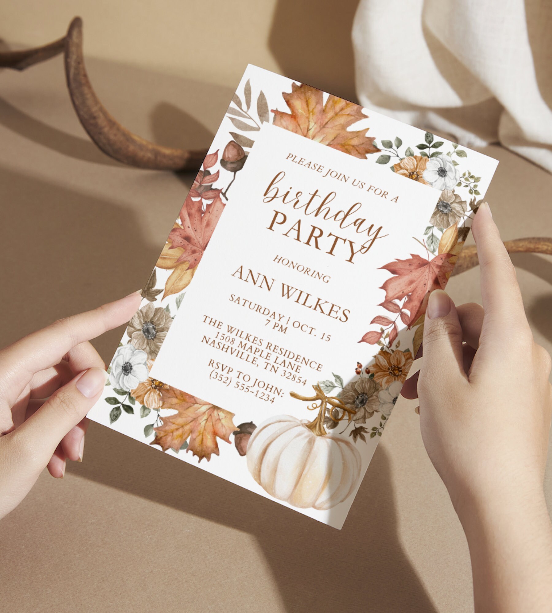 Autumn Birthday Party Invitation, Fall Floral Birthday Invite, Pumpkin ...