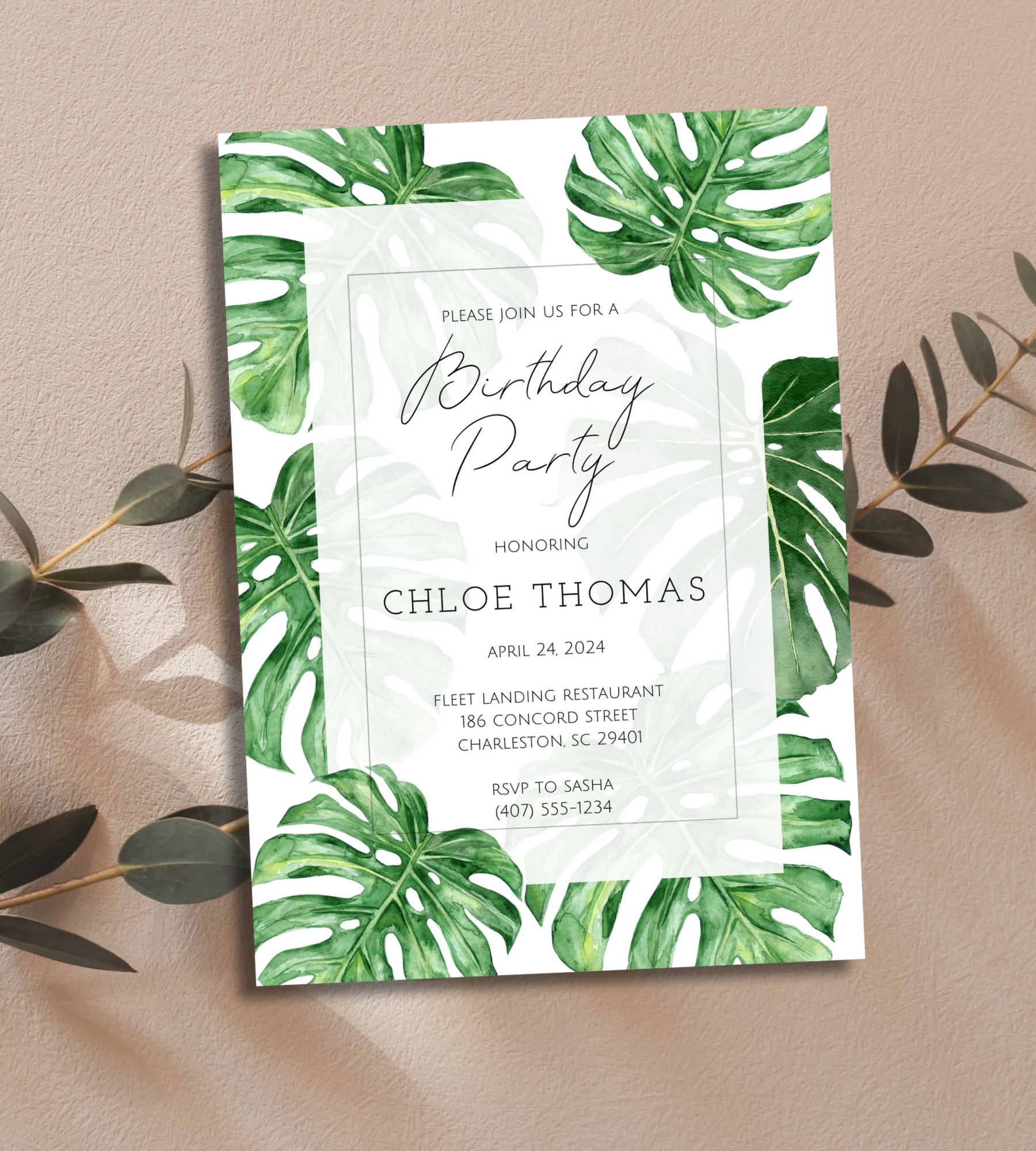 Editable Birthday Invitation, Monstera Plant, Watercolor, Tropical ...