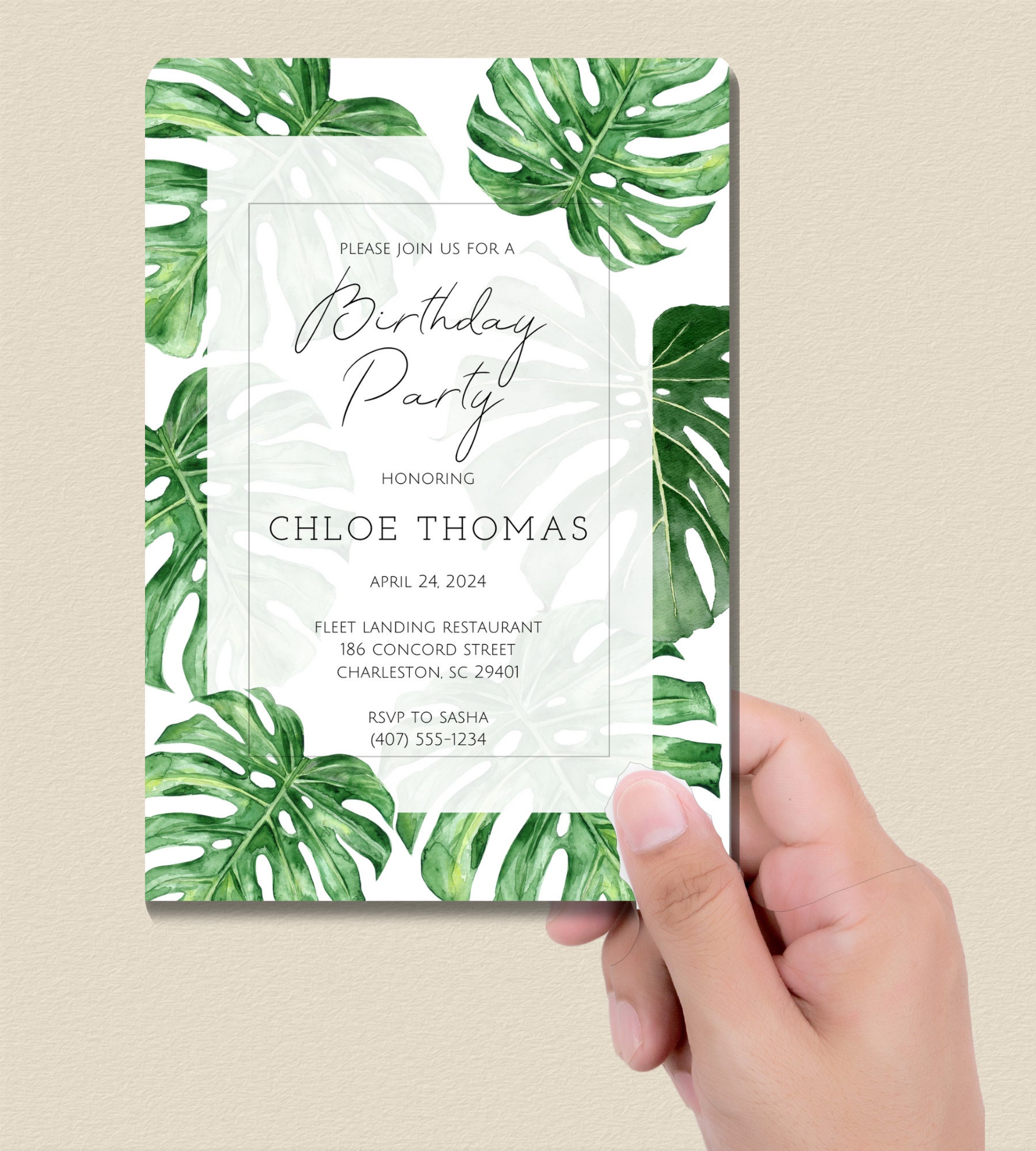 Editable Birthday Invitation, Monstera Plant, Watercolor, Tropical ...