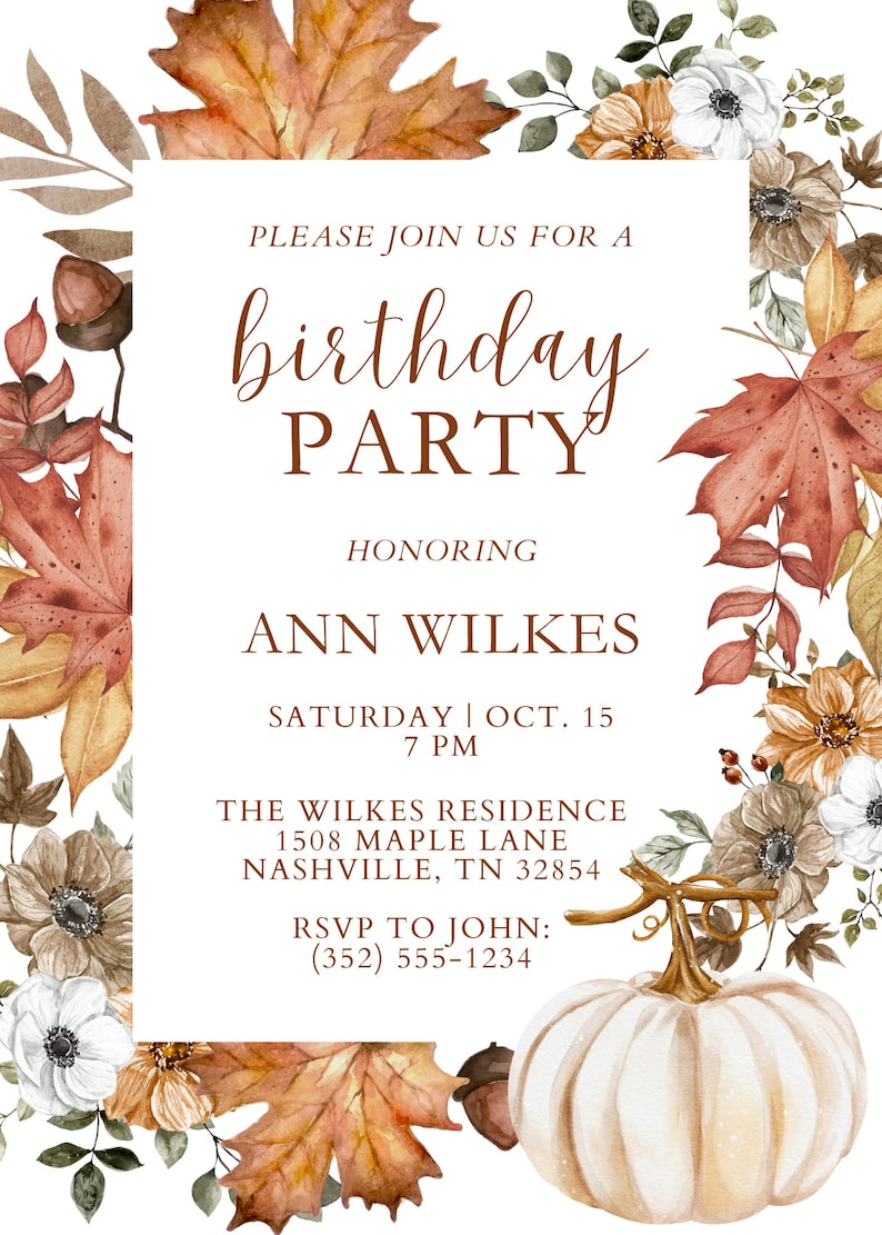Fall Floral Birthday Invitation: Rustic Pumpkin Design (DIY Editable ...