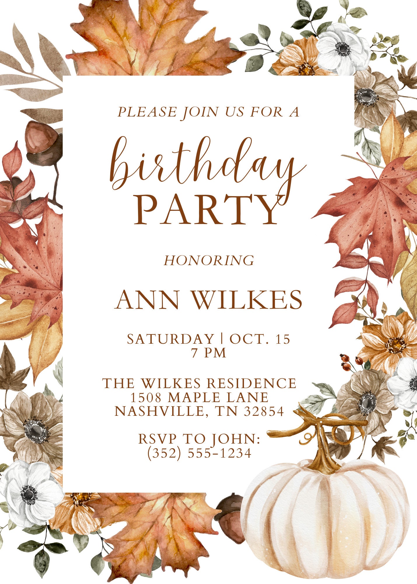 Fall Floral Birthday Invitation: Rustic Pumpkin Design (DIY Editable ...