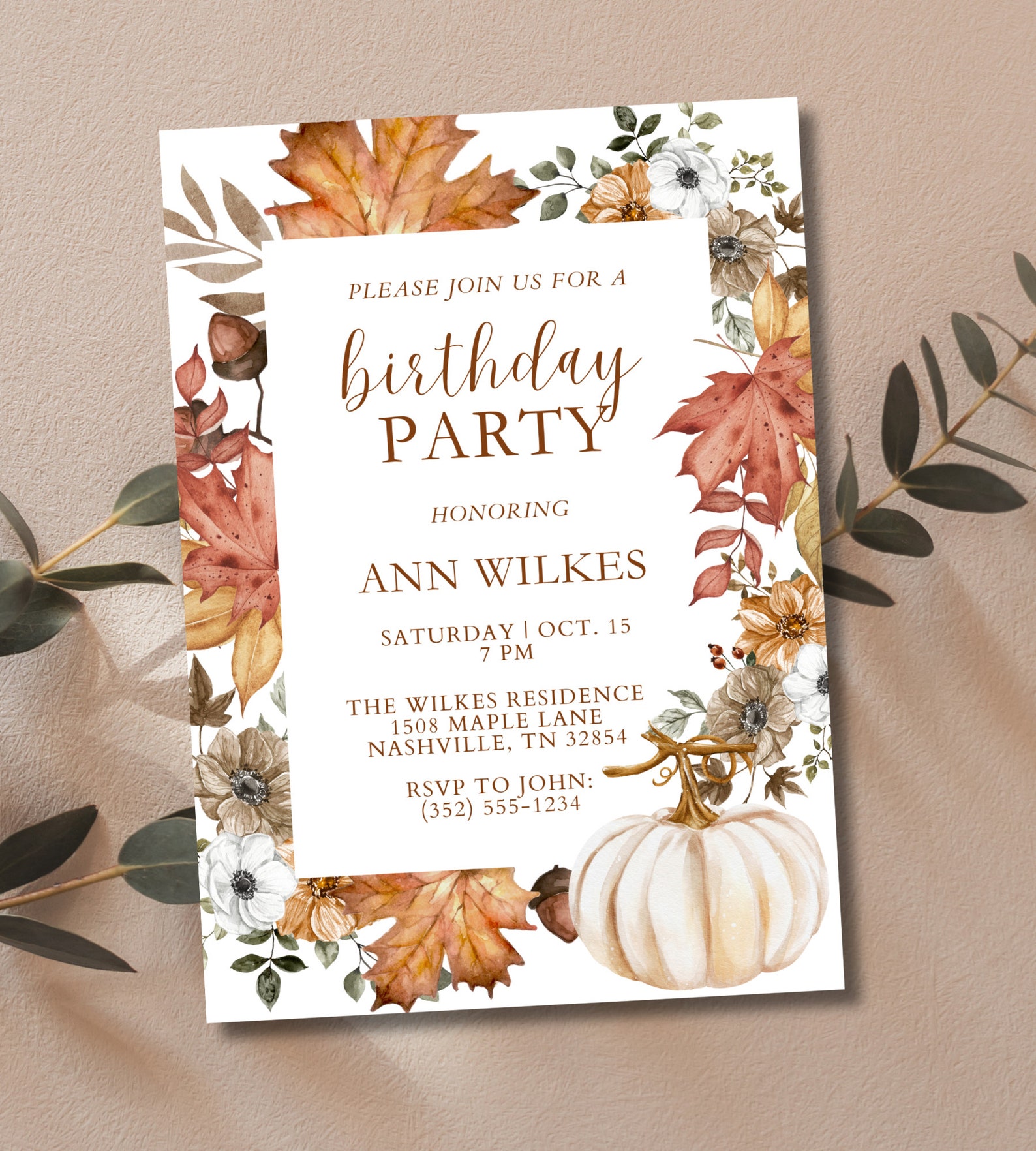 Fall Floral Birthday Invitation: Rustic Pumpkin Design (DIY Editable ...