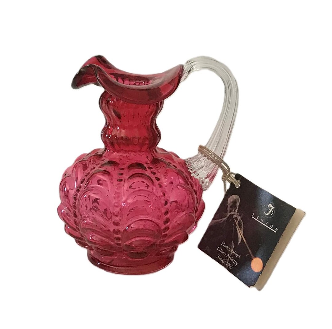 Fenton Ruby Overlay Clear Handle Beaded Drape Design Jug-pitcher With ...
