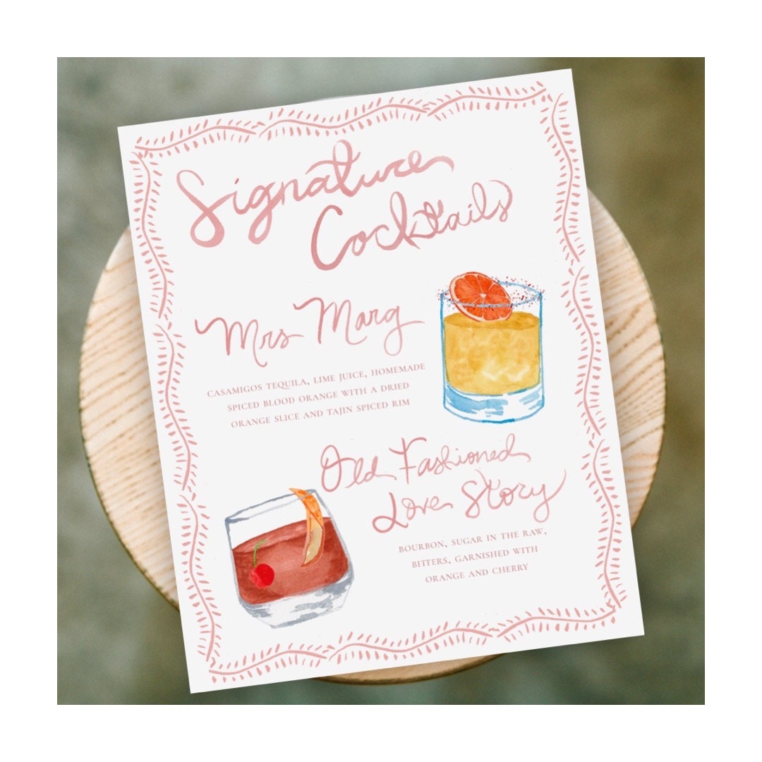 Watercolor Signature Cocktail Menu Sign, Custom Event Drink Sign ...