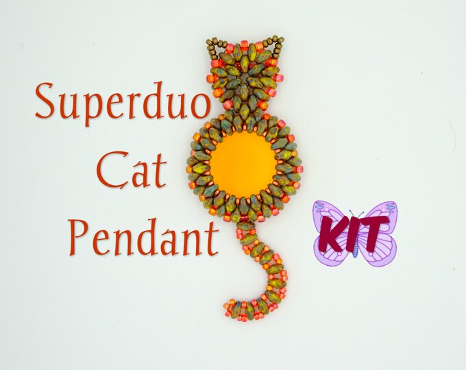 Kit to Make a Tabby Superduo Cat Pendant. All Seed Beads, Cabochon and Easy Instructions ...