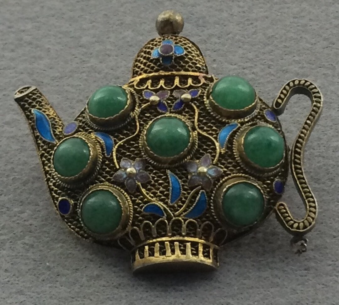 Antique Chinese Silver Jade & Enamel Teapot Brooch Pin - Etsy