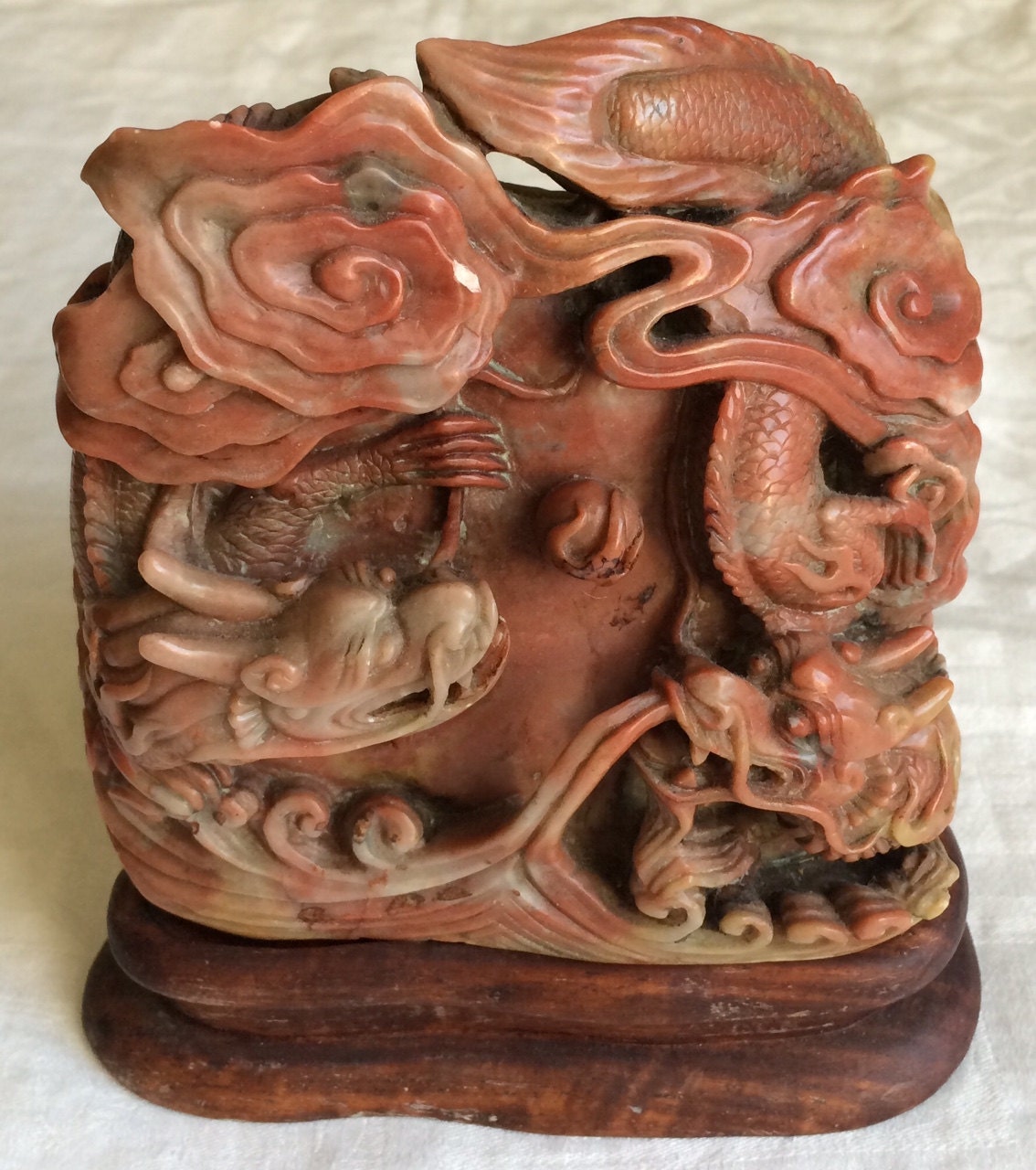 Oriental Vintage Chinese Superb 3D Natural Soapstone Dragon on Red ...