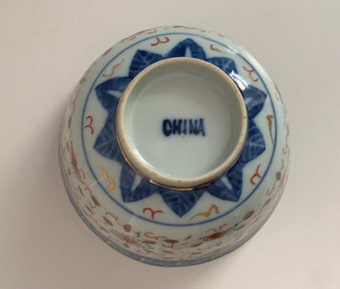 Antique Chinese Export Porcelain Blue White With Red Rice Bowl - Etsy