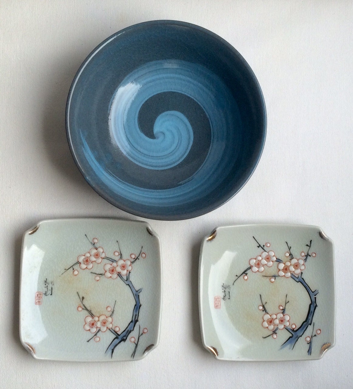 Special Selection of 3 Japanese Vintage Square Japanese Porcelain Hand ...