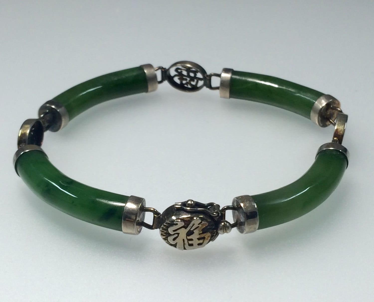 Antique Sterling Silver Fine Quality Jade Link Bracelet With Chinese ...