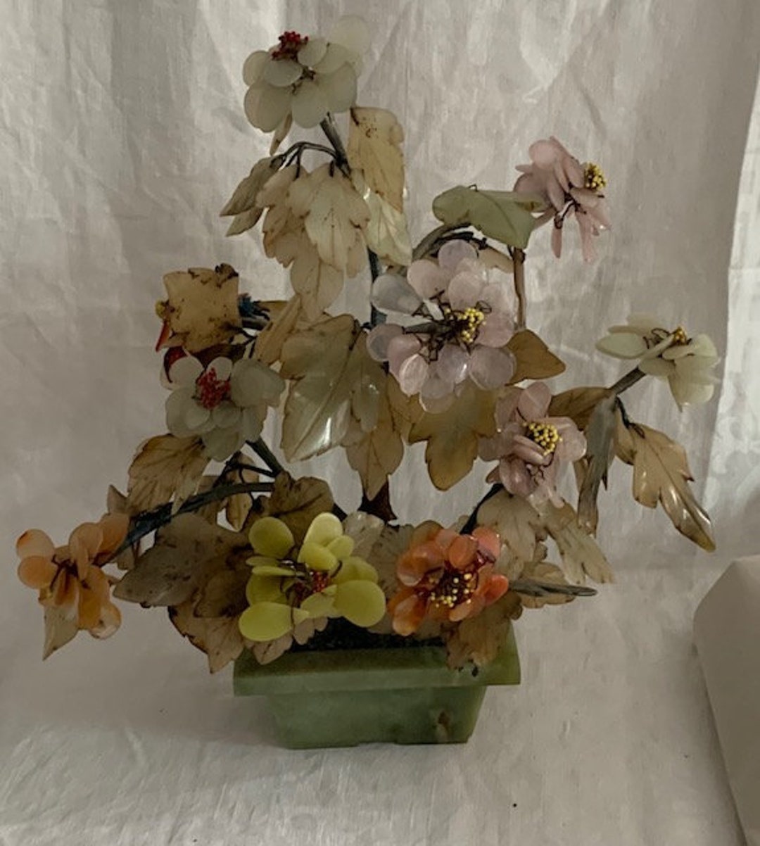 Chinese Vintage Jade Stone Carved Bonsai Tree With Jade and Rose Quartz ...