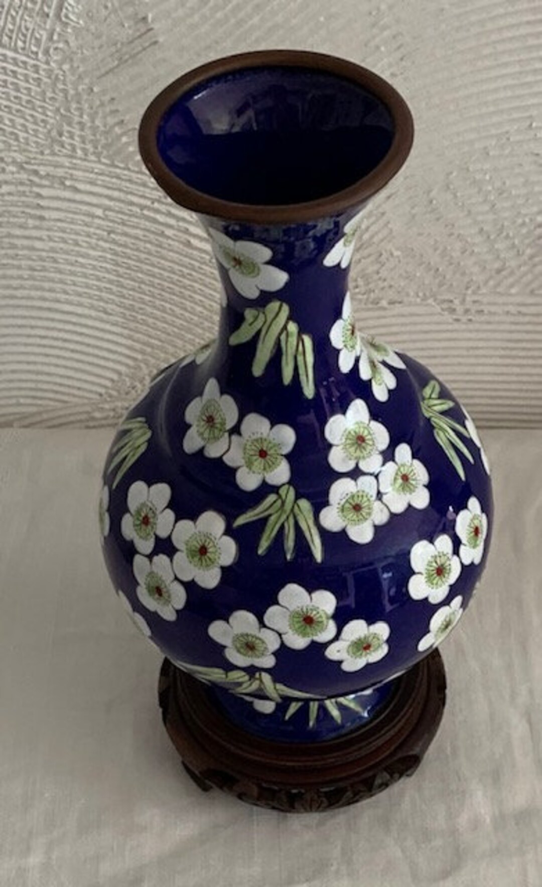 Rare Vintage Chinese Blue Cloisonné Design on White Plum Blossom Motif ...