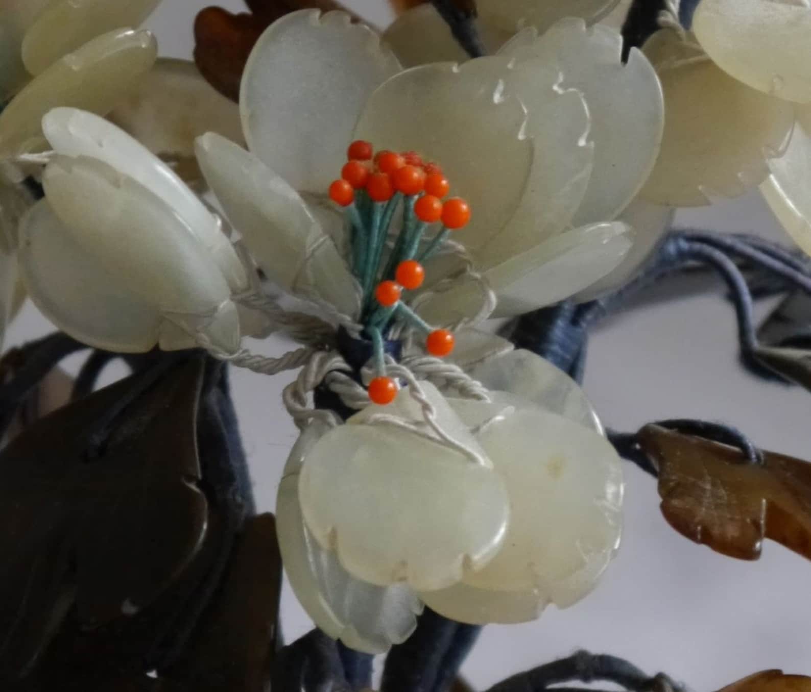 Chinese Vintage Jade Stone Carved Bonsai Tree With Jade and Rose Quartz ...