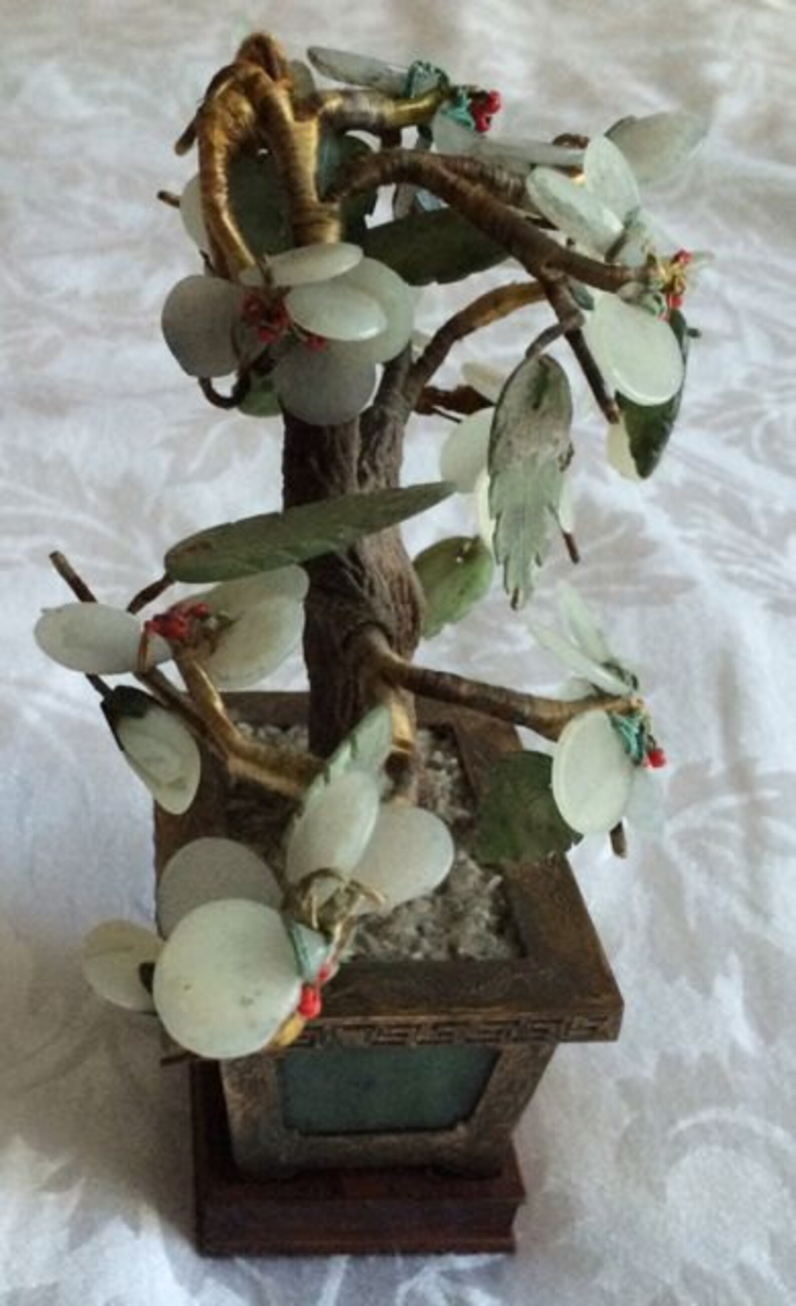 Old Estate Chinese Jade Tree Carved Stones Bronze Brass Gems Bonsai ...