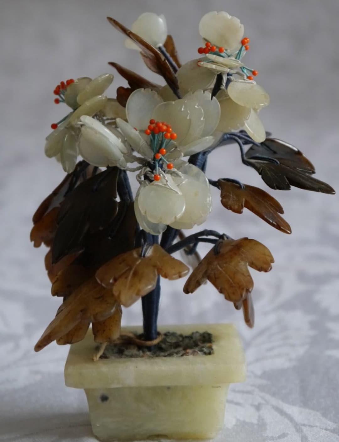 Chinese Vintage Jade Stone Carved Bonsai Tree With Jade and Rose Quartz ...