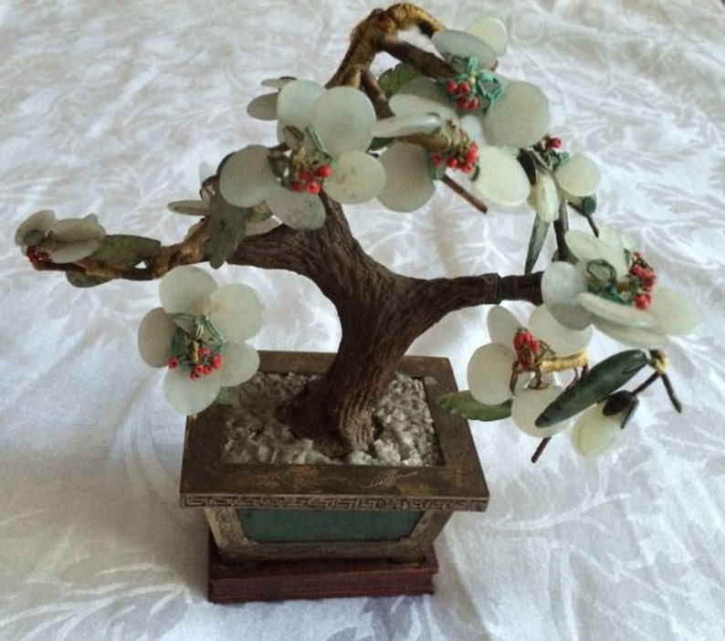 Old Estate Chinese Jade Tree Carved Stones Bronze Brass Gems Bonsai ...