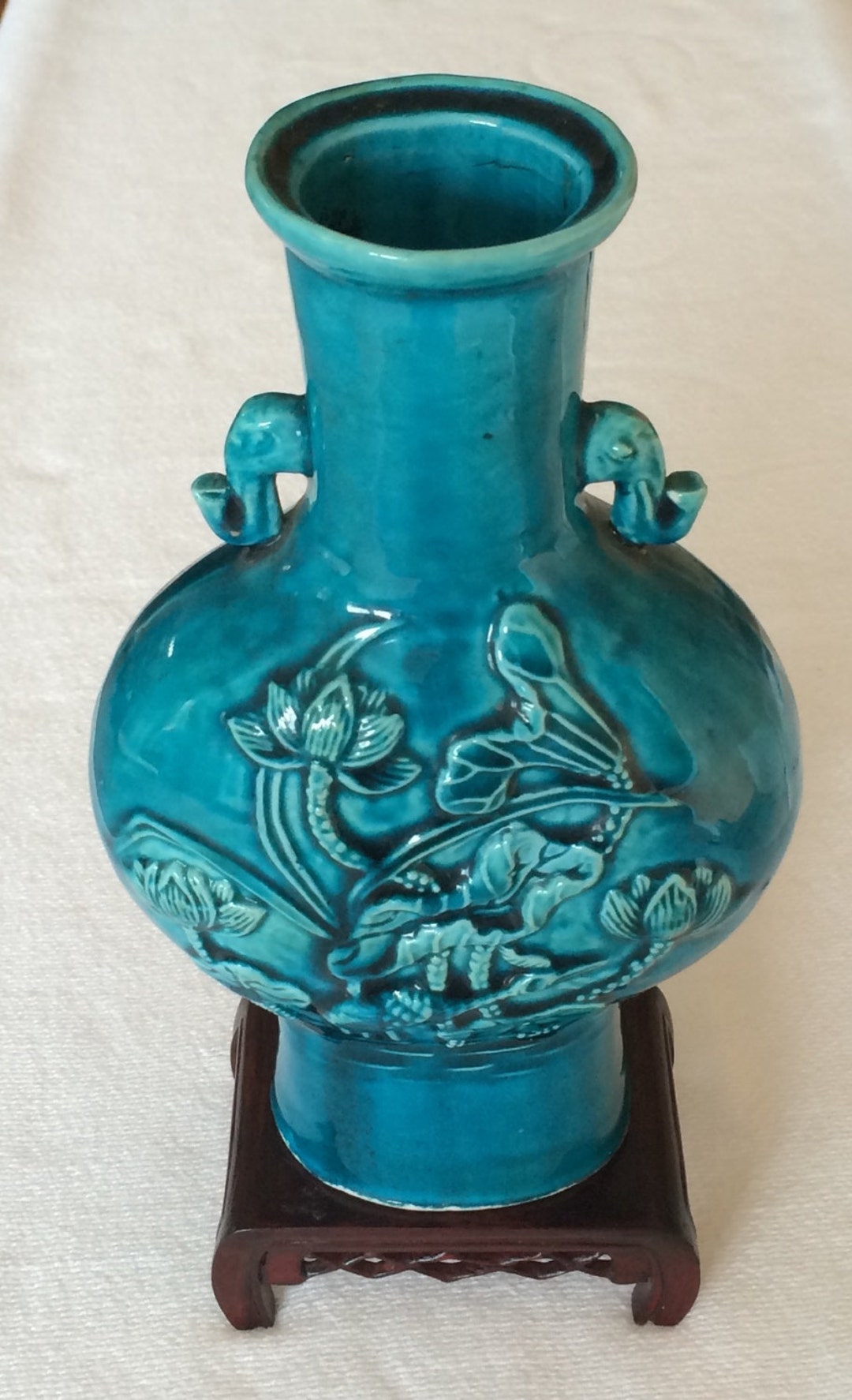Chinese Vintage Porcelain Turquoise Crackle Glaze Relief Decoration ...