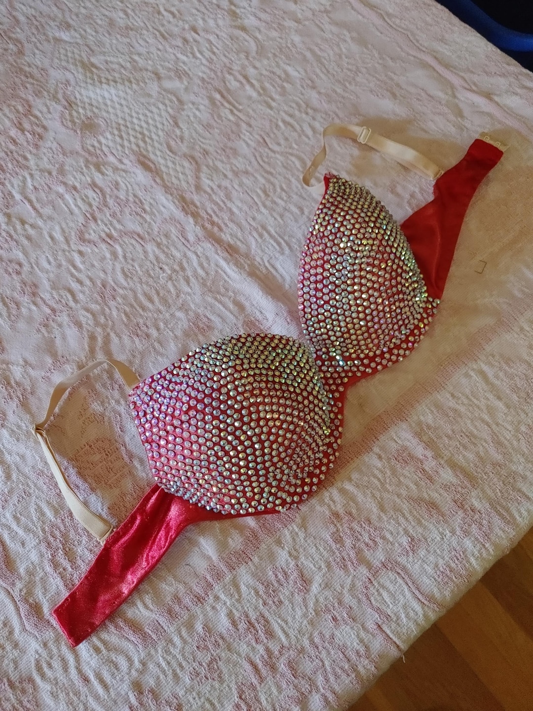 Vintage Red Acrylic Rhinestone Belly Dance Costume Bra Halla Brand Size ...