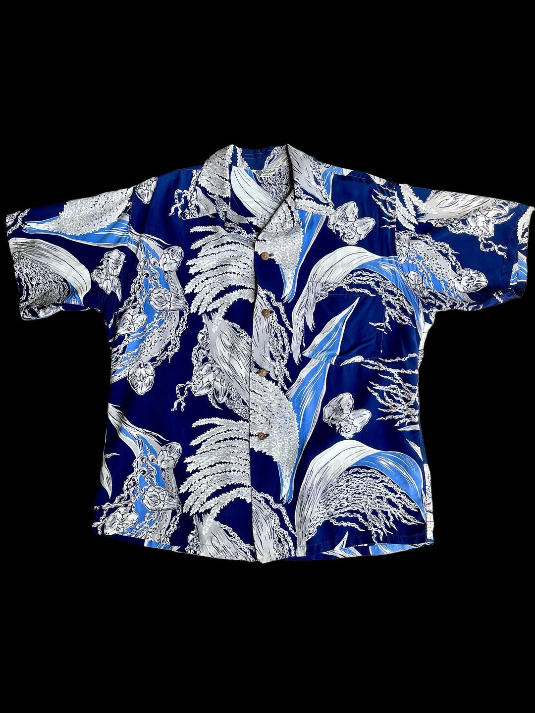 Early 1950s Navy Cold Rayon Palm Seed Print Lauhala Hawaiian / Aloha ...