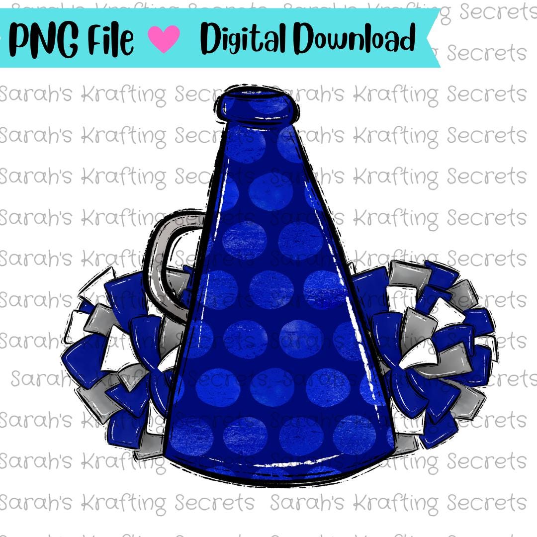 Blue & White Cheer Megaphone and Pom Pom PNG - Sublimation Design Hand ...