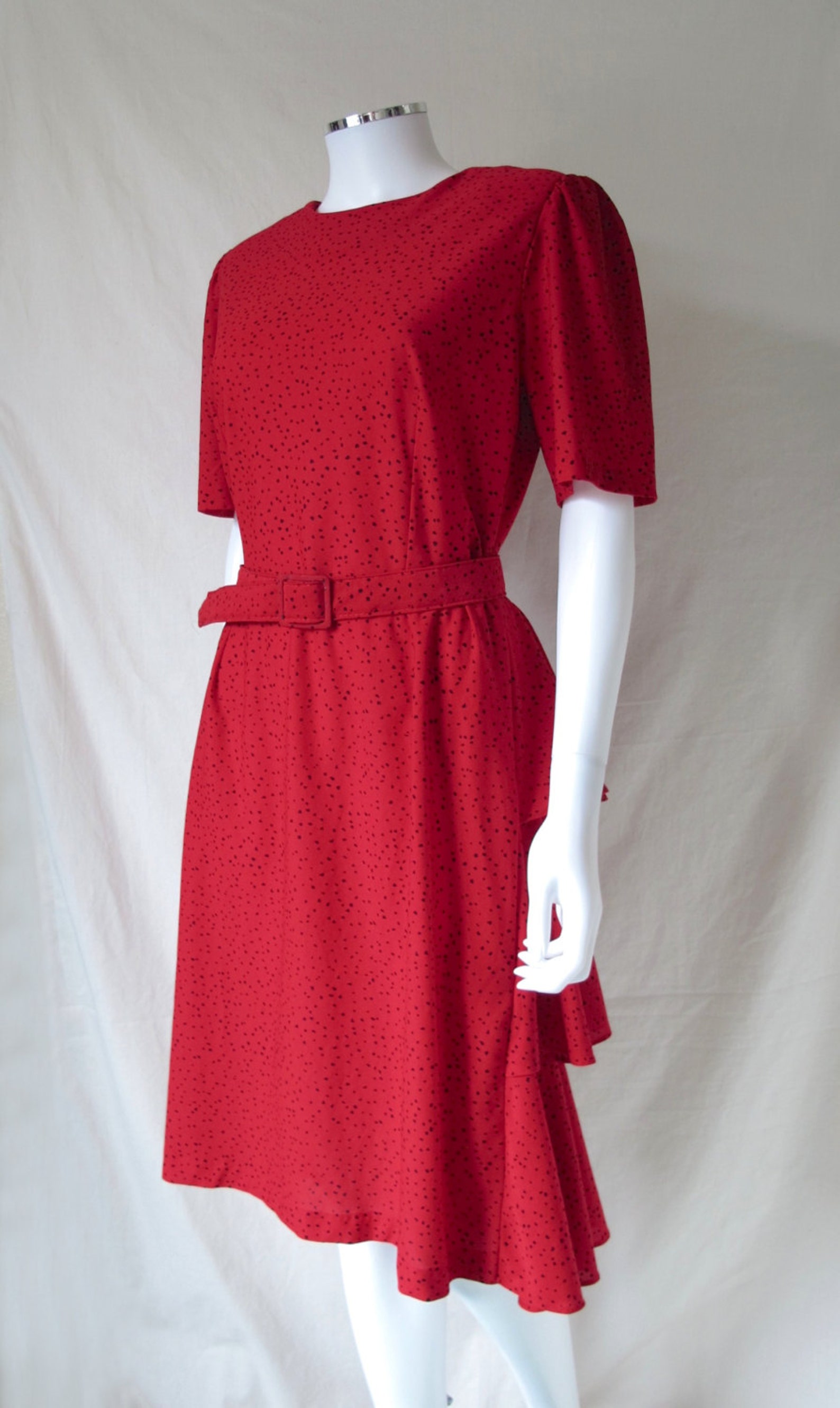 Vintage 80s Red Belted Ruffle Dress With Black Speckles T Fe - Etsy