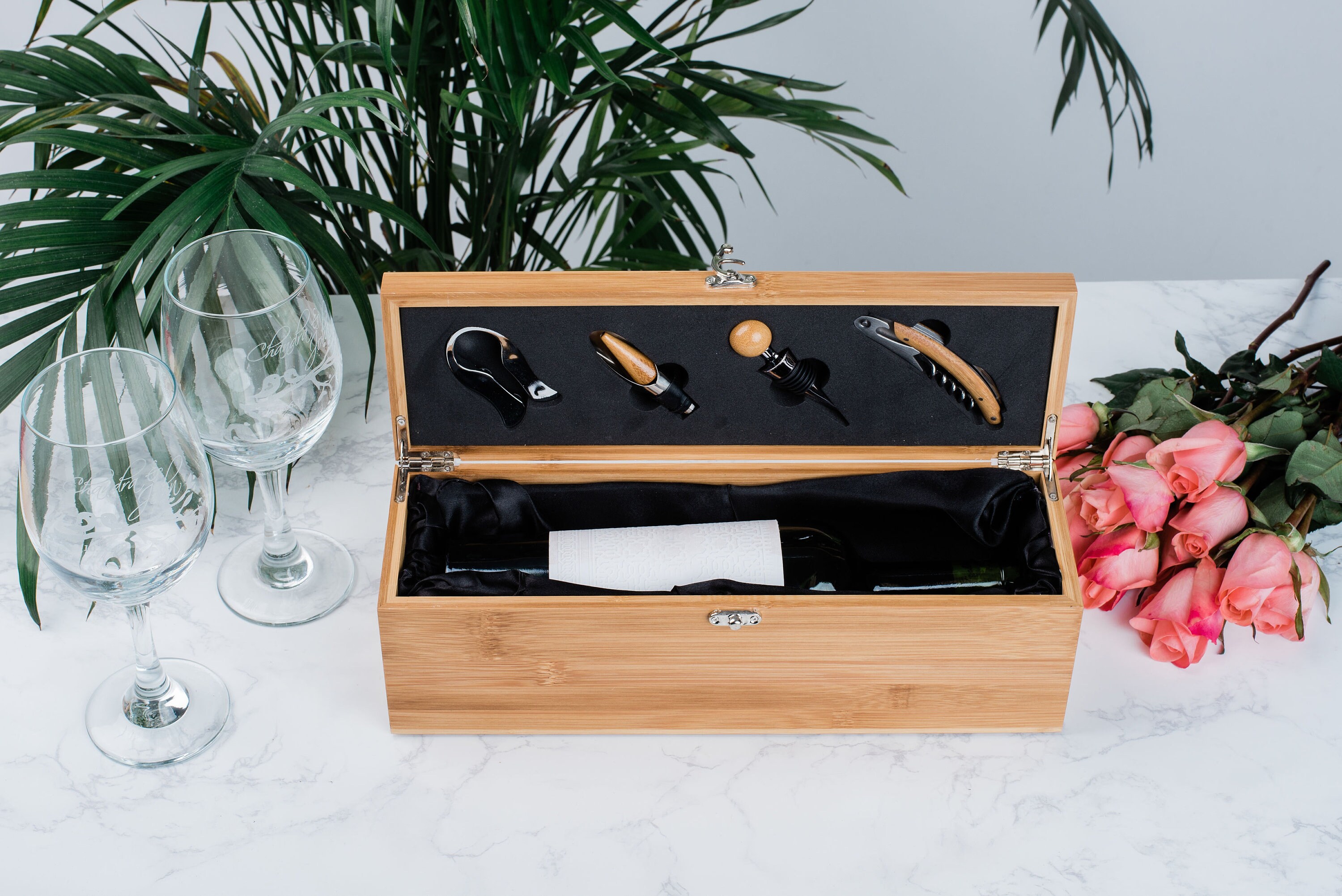 Wine Gift Box Wooden Wine Box Wedding Wine Box with Glasses | Etsy