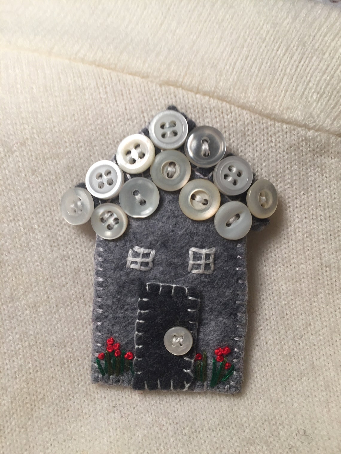 Grey House Pin With Vintage Buttons - Etsy
