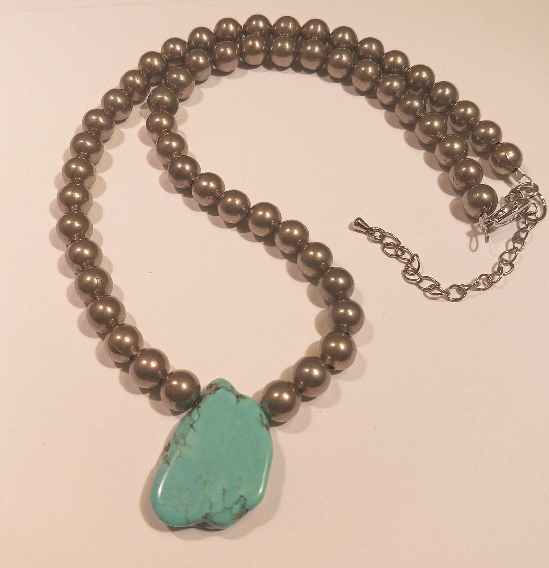Turquoise Howlite Slab Beaded Necklace, Vintage Silver Beads, Southwest ...