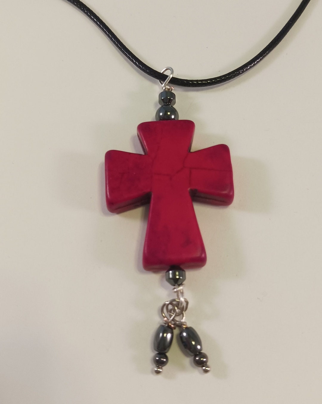 Red Cross Necklace With Hematite Beads, Pendant Necklace, Southwest ...