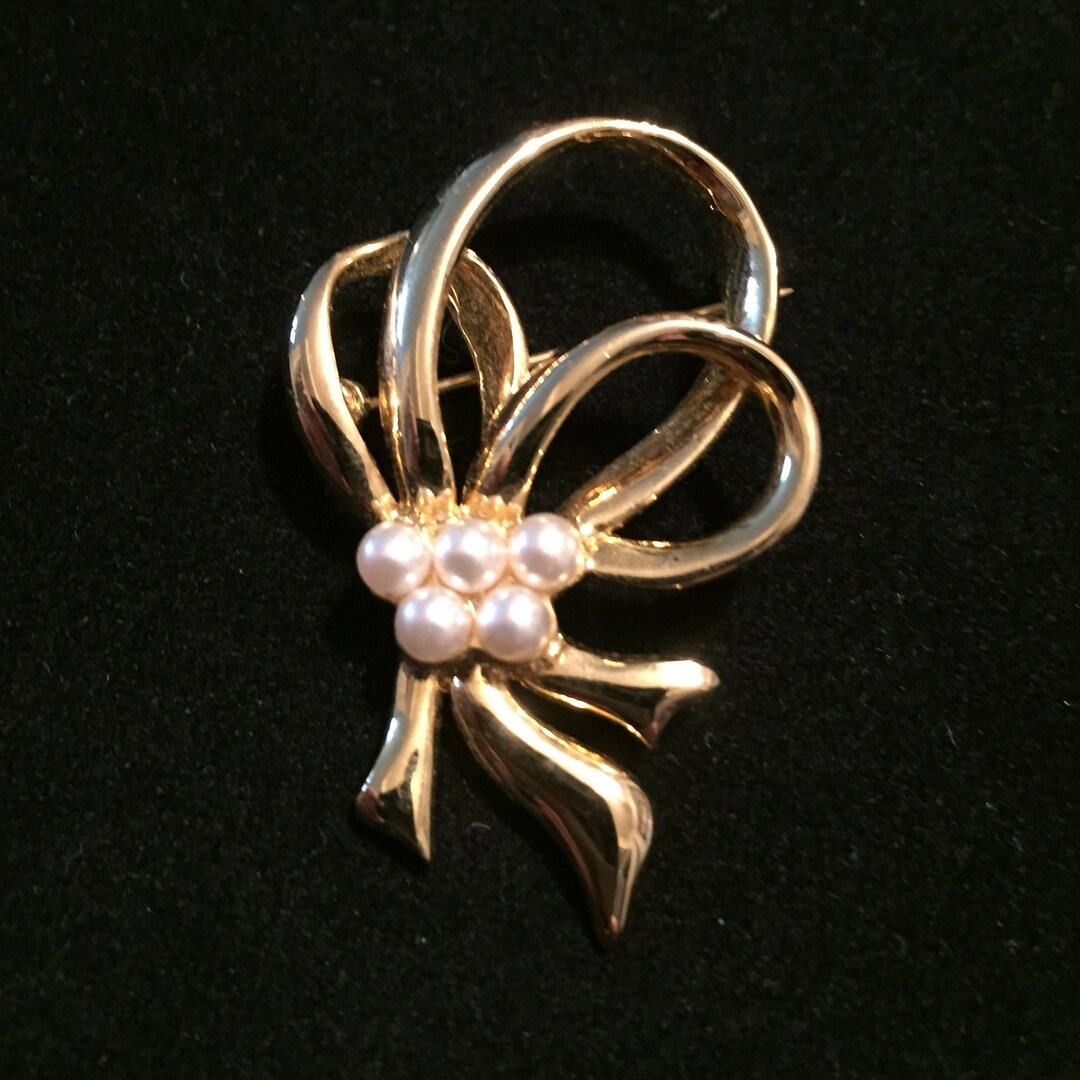 Gold Ribbon Pin With Pearls, Vintage Pin, 13 - Etsy