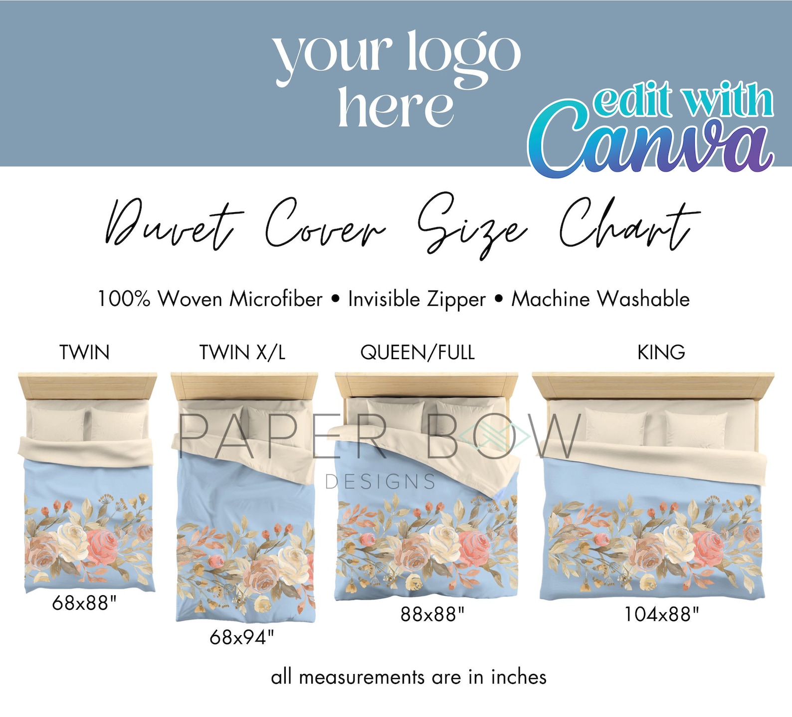 Duvet Cover Size Chart, Comforter Size Chart, Canva Template, Quilt ...