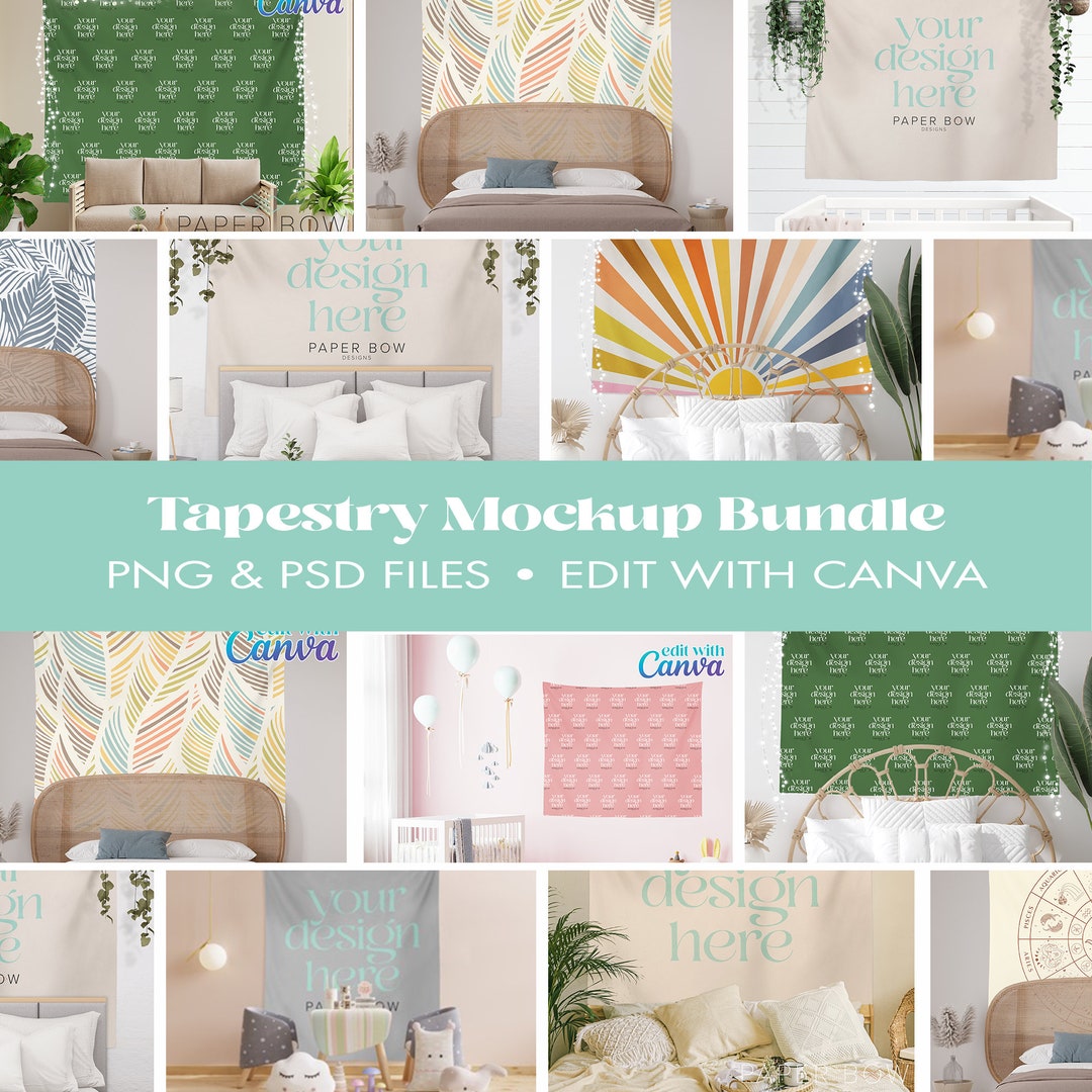 Boho Tapestry Mockup Bundle, 15+ Scenes, PNG Files, PSD Mockup ...