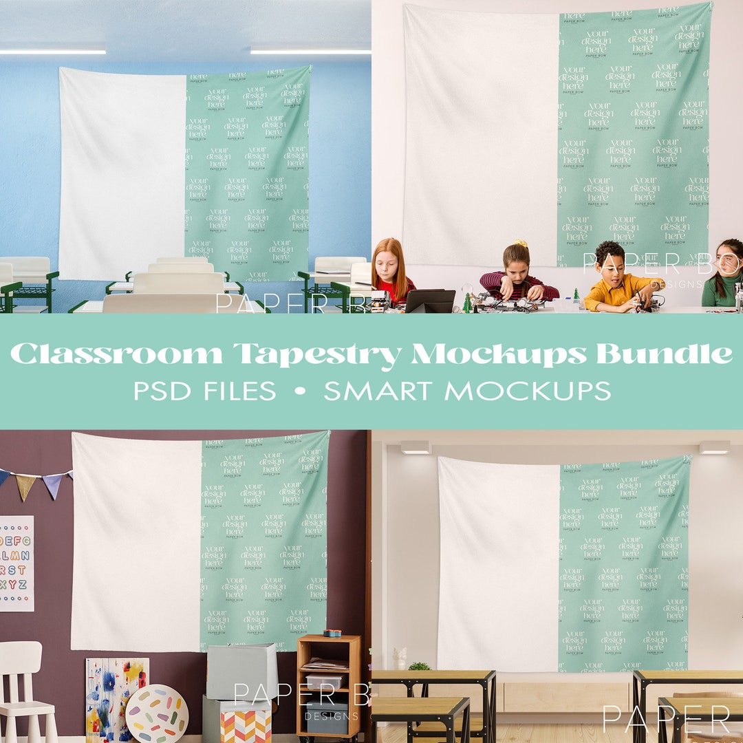 Classroom Tapestry Mockup Bundle, X4 Scenes, Photoshop Files, PSD Class ...