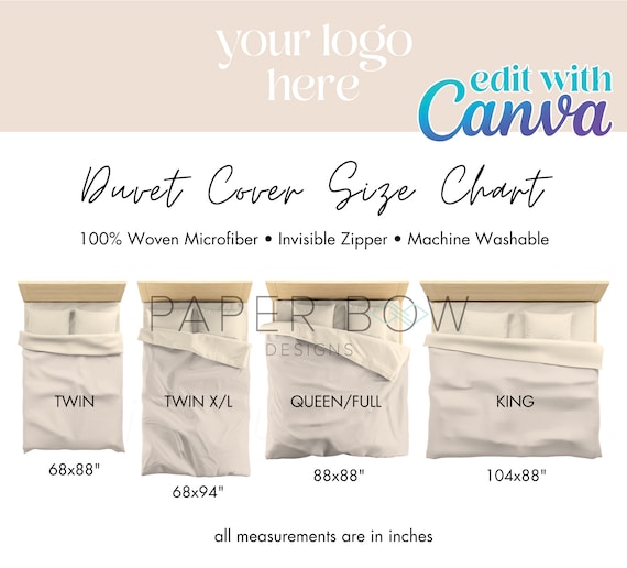 Duvet Cover Size Chart Comforter Size Chart Canva Template Quilt Size Chart Editable Template Etsy