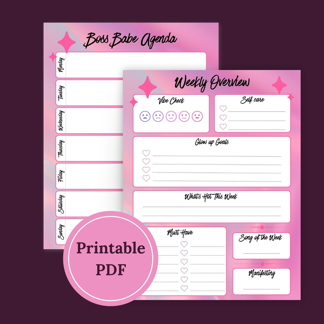 Pink Boss Girl Weekly Planner Printable, Aesthetic Digital Notepad PDF ...