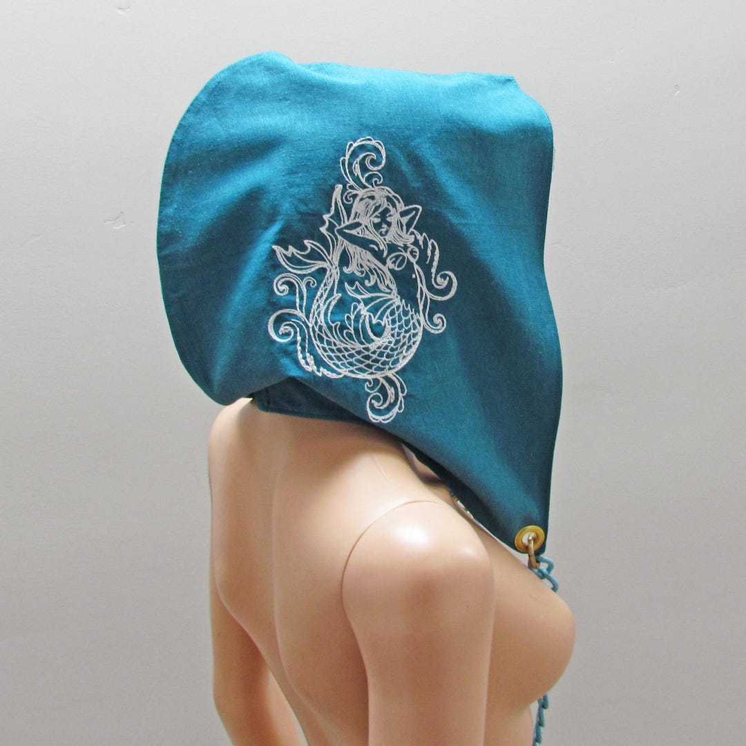 Oversized Hood With Embroidered Mermaids on Teal Linen With Chain ...