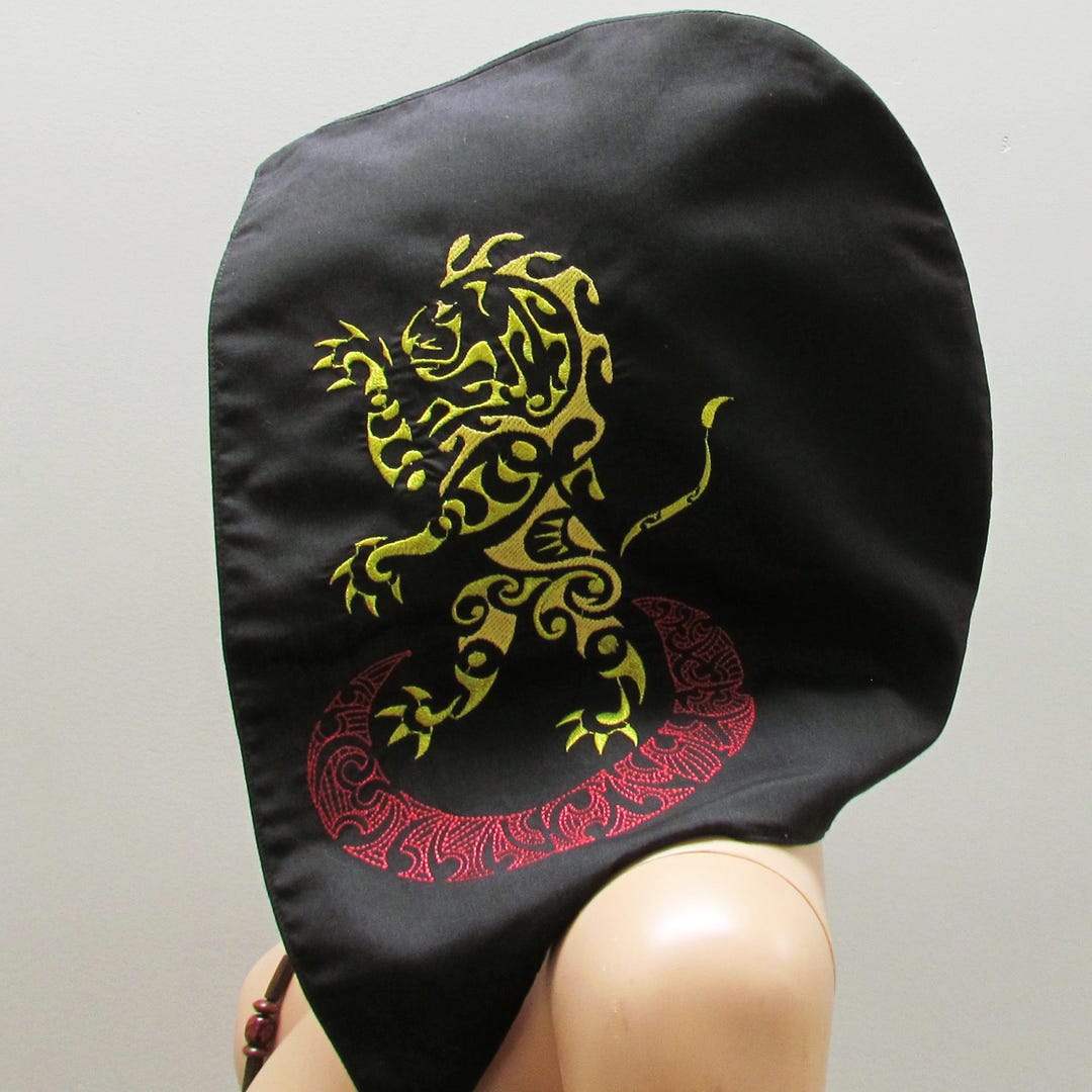 Oversized Hood With Chain Accent and Embroidered Polynesian Tribal Art ...